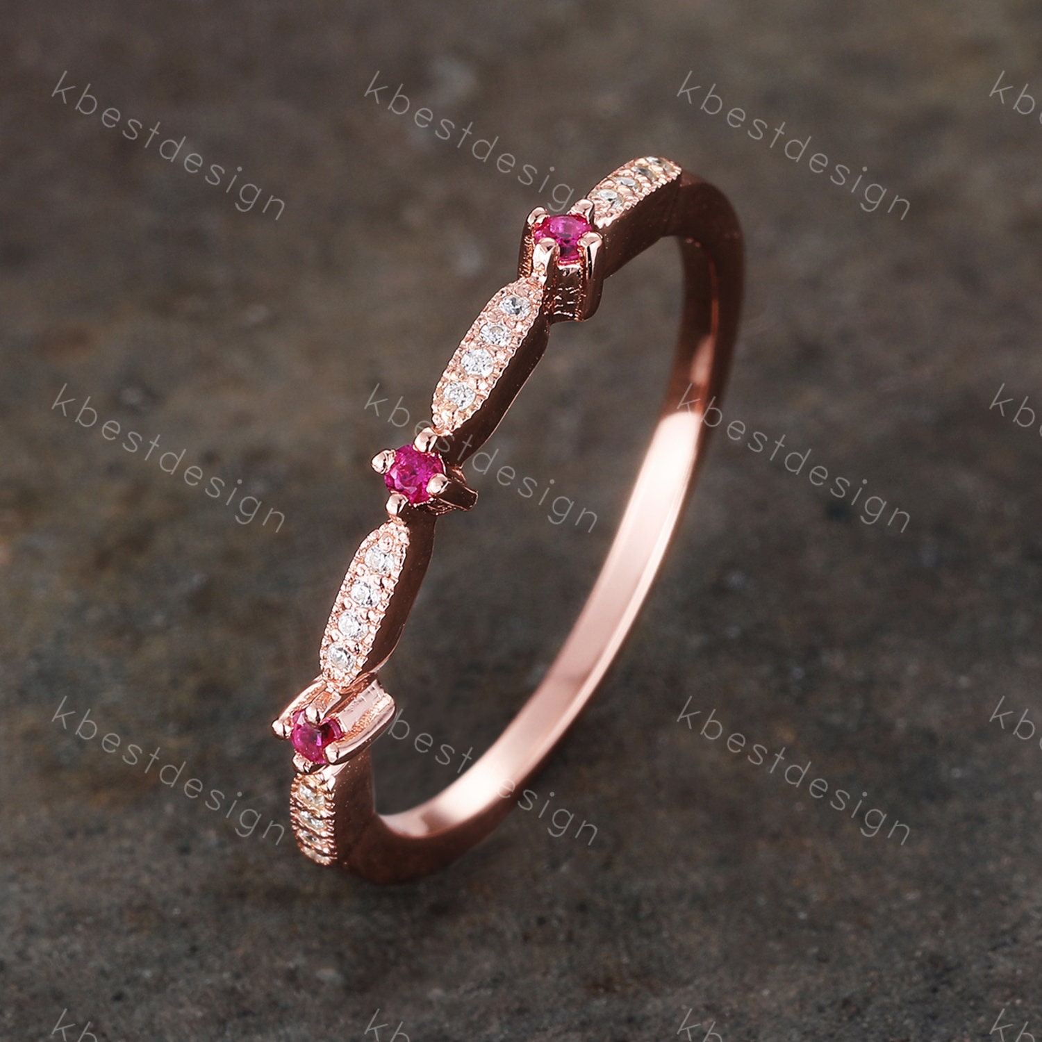 Delicate Ruby Wedding Band Ruby & CZ Diamond Wedding Band Half | Etsy