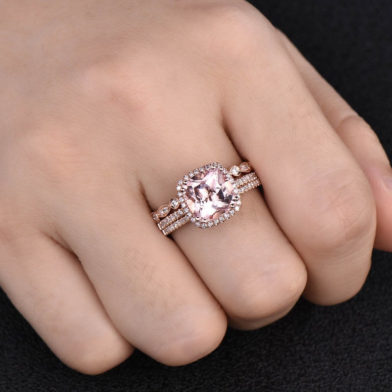 9mm Cushion Cut Morganite Engagement Ring Rose Gold Morganite Etsy
