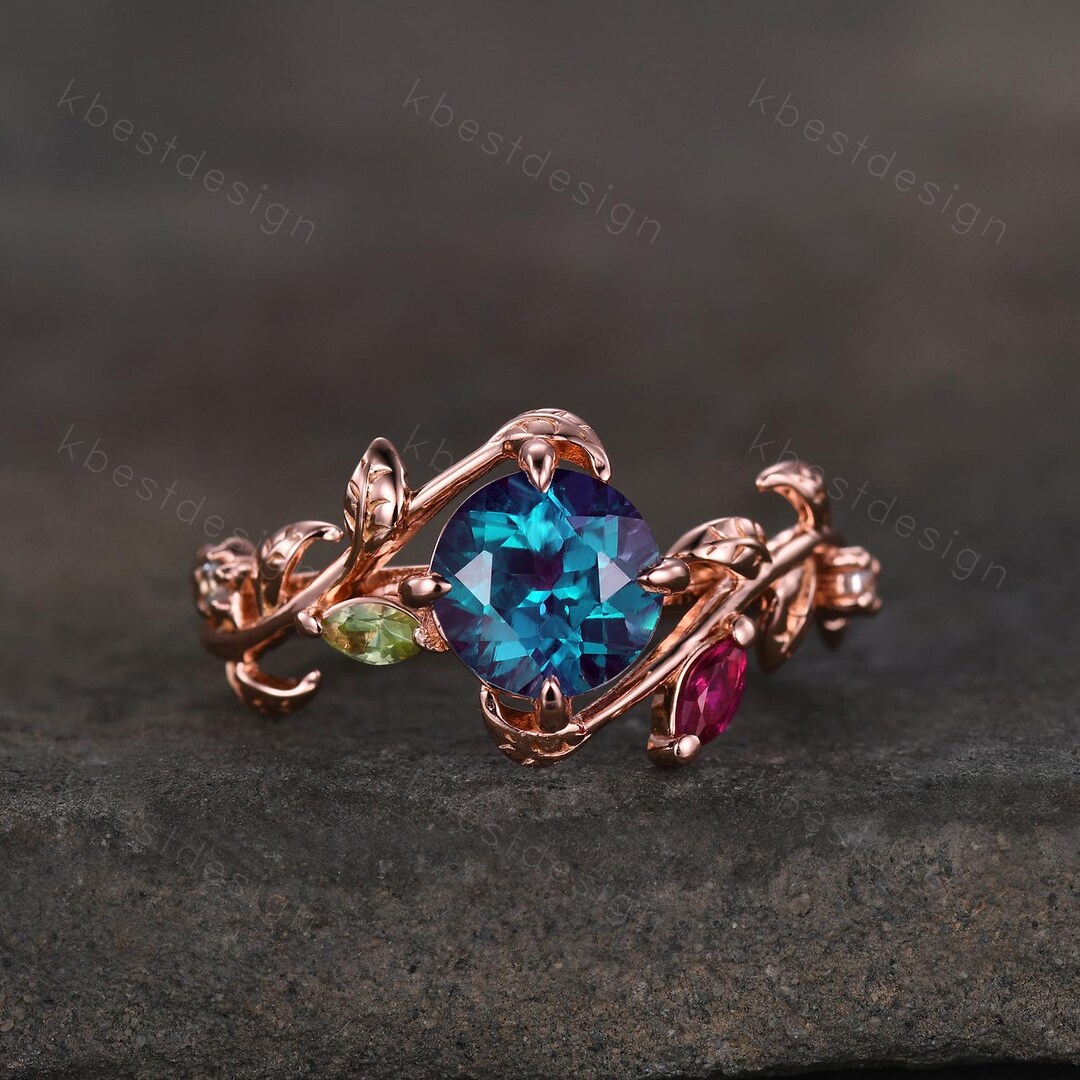 Vintage Alexandrite Engagement Ring Rose Gold Twig Leaf Ring Art Deco ...