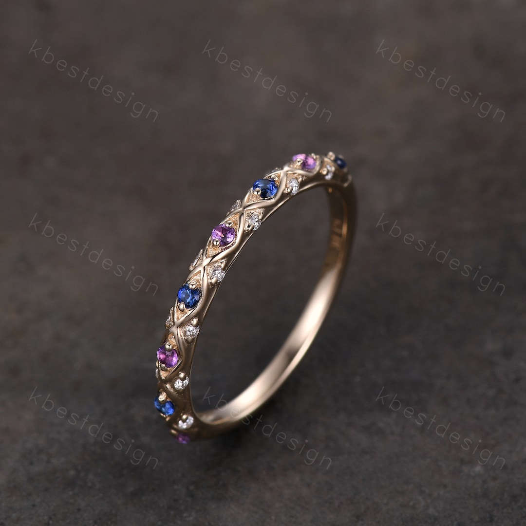 Antique Sapphire Wedding Band Women Solid 14K Yellow Gold Band Amethyst ...