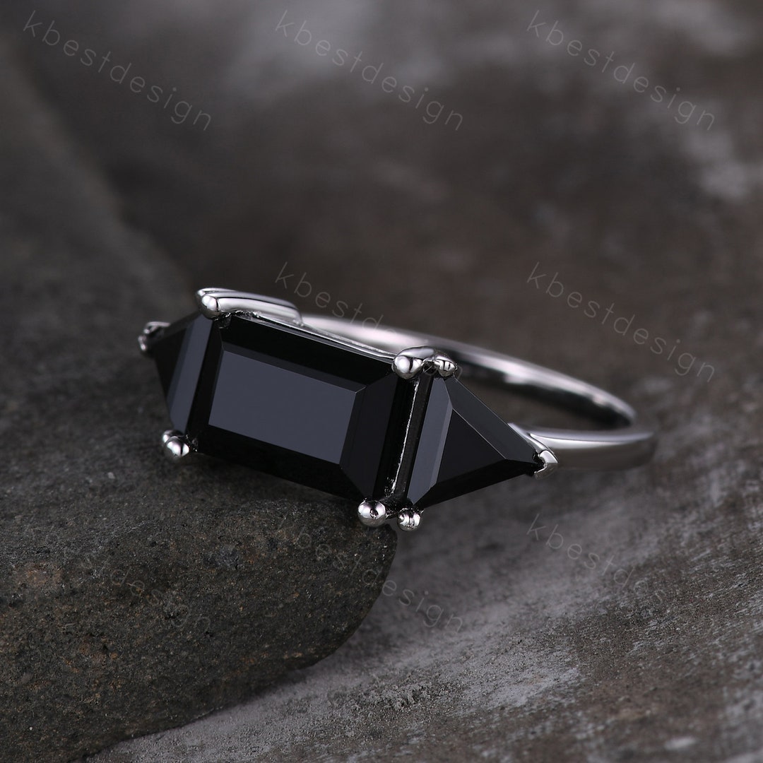 Emerald Cut Black Onyx Engagement Ring Unique Triangle Cut Black Onyx ...