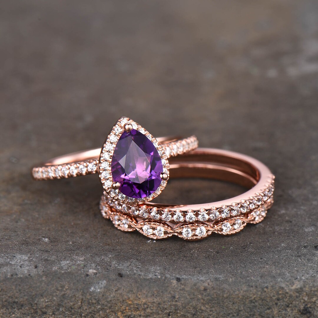 Amethyst Wedding Ring Set, Pear Amethyst Engagement Ring, Stacking ...