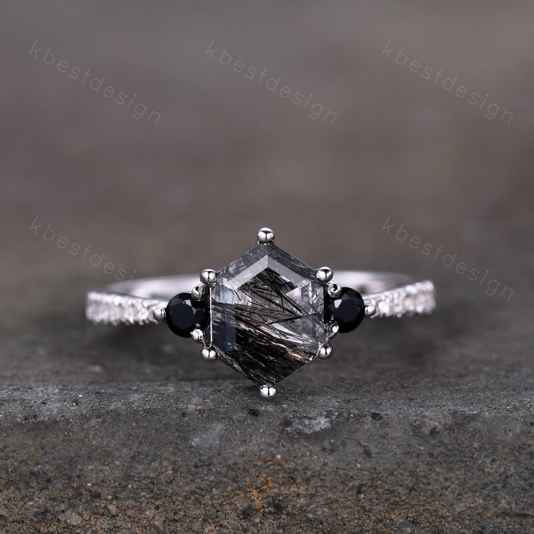 Unique Black Rutile Quartz Engagement Ring,black Rutilated Quartz ...