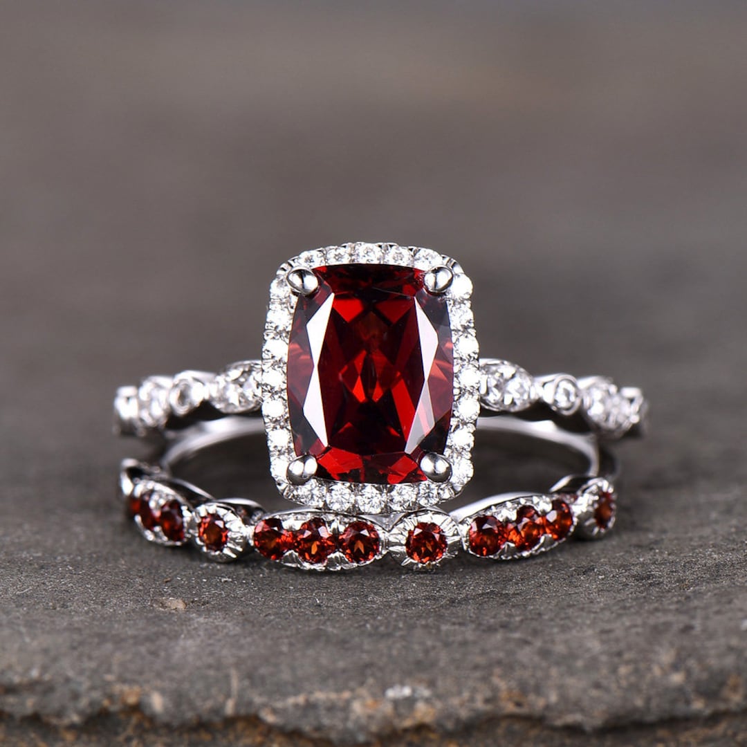 Garnet Wedding Set Natural Red Garnet Cushion Cut Sterling Silver Ring ...