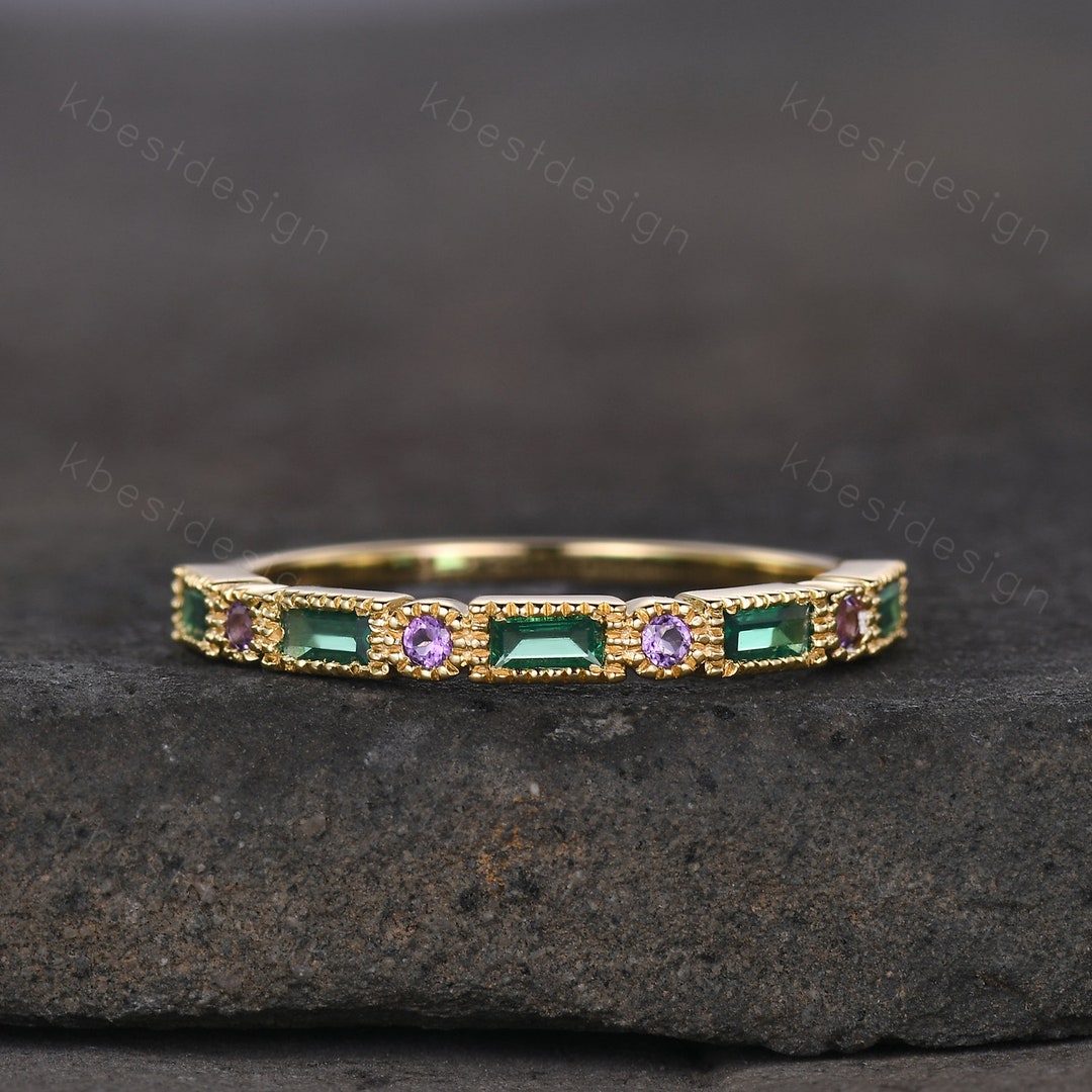 Art Deco Emerald Wedding Band Solid 14k Yellow Gold Emerald Amethyst ...