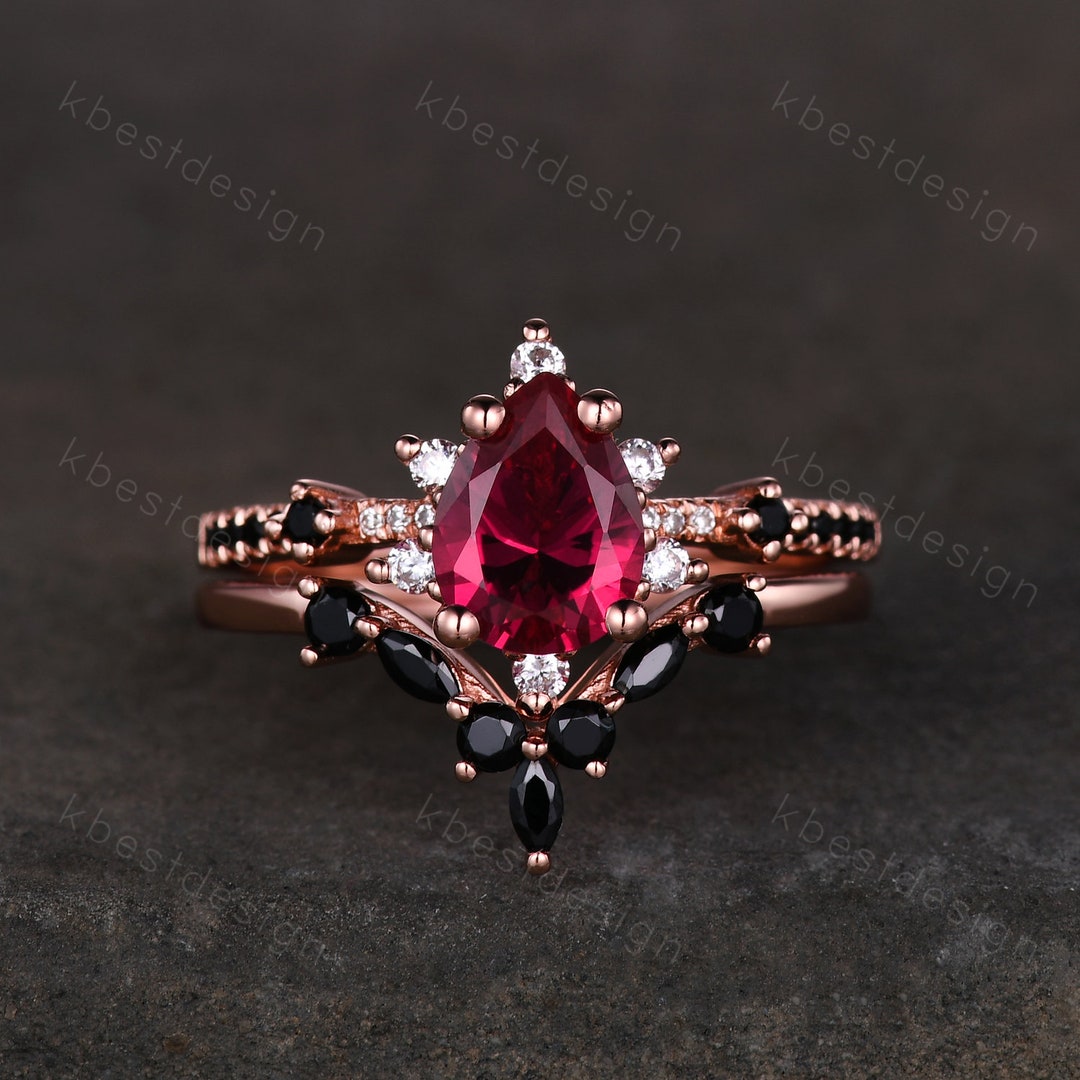 Vintage Ruby Engagement Ring Rose Gold Ring Art Deco Curved Black Spinel Wedding Band Pear Cut ...