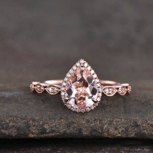 Vintage Teardrop Morganite Ring Rose Gold Morganite Engagement Etsy