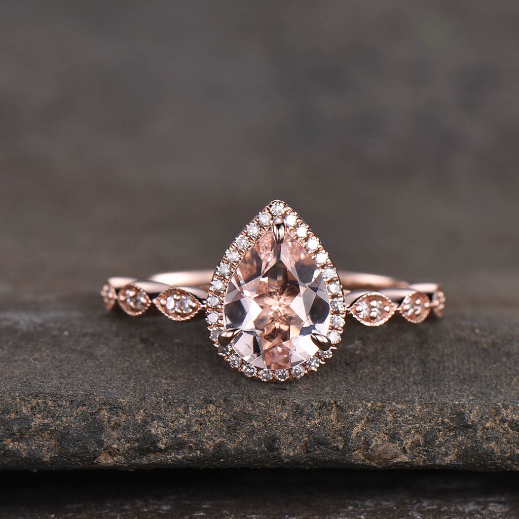 Vintage Teardrop Morganite Ring Rose Gold Morganite Engagement Etsy