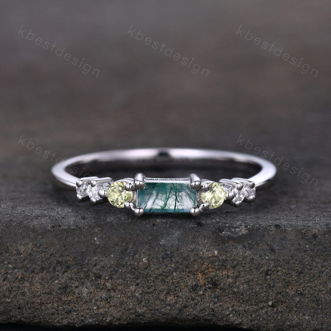 Vintage Moss Agate Engagement Ring Unique Baguette Cut Ring Art Deco ...