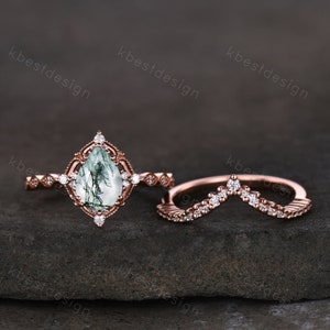 Vintage Moss Agate Engagement Ring Set Rose Gold Green Moss Agate Ring Unique Curved Moissanite ...