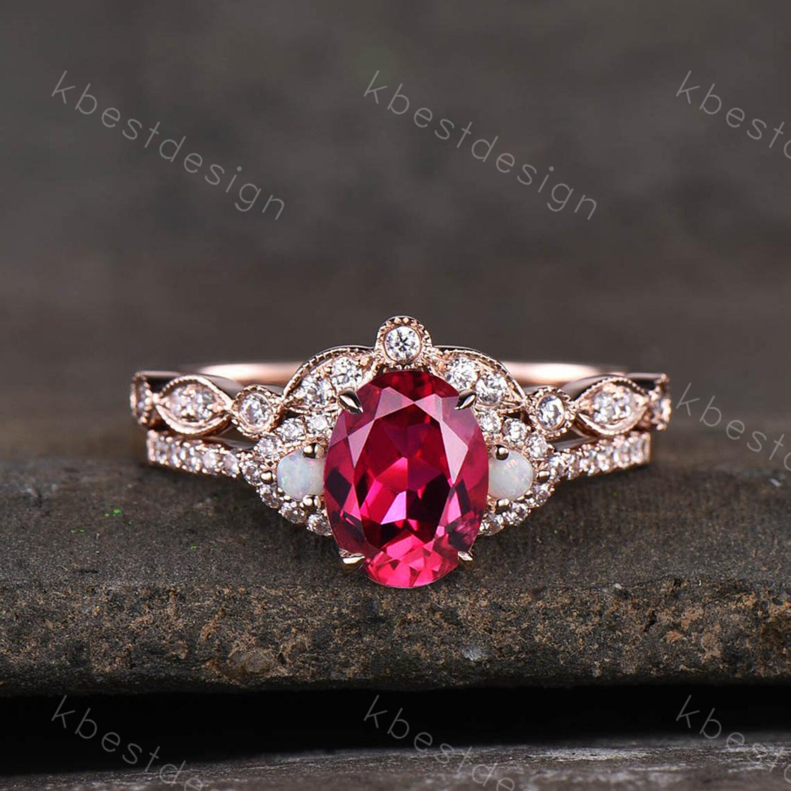 Vintage Ruby Bridal Set/ Oval Ruby Engagement Ring Set/ 14K - Etsy