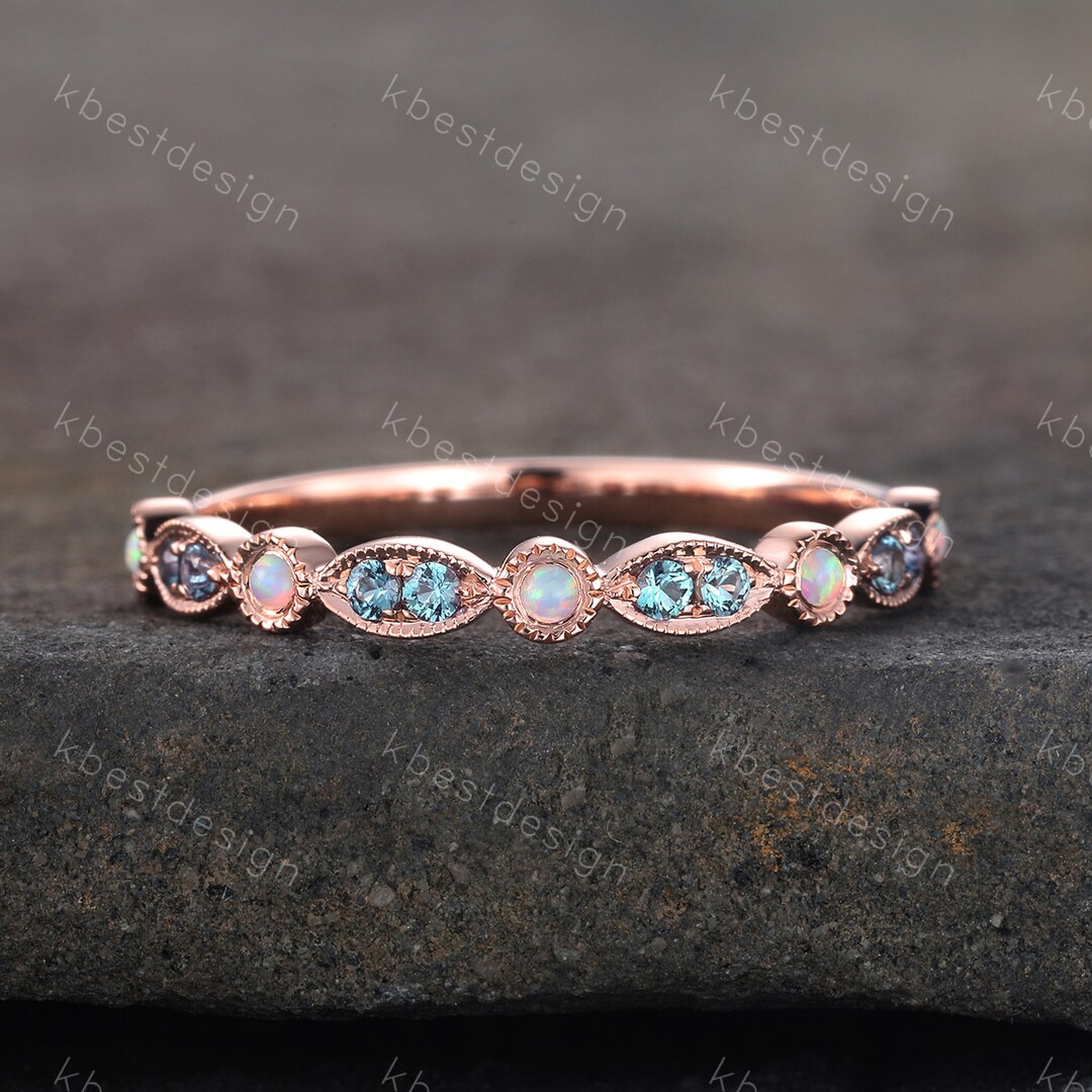 Alexandrite Opal Wedding Band, Half Eternity Wedding Band, Art Deco ...