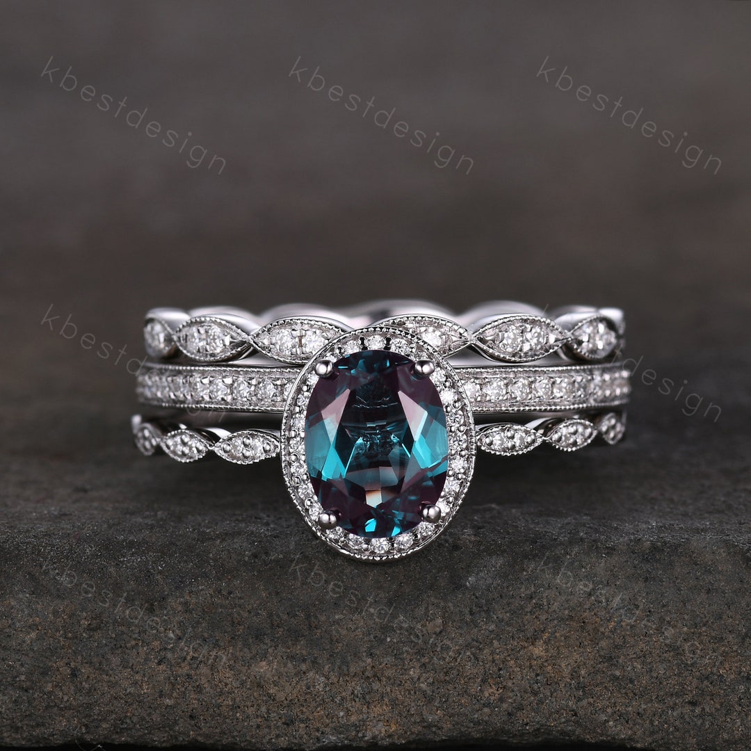 3pcs Alexandrite Bridal Set Oval Cut Alexandrite Engagement Ring Set ...