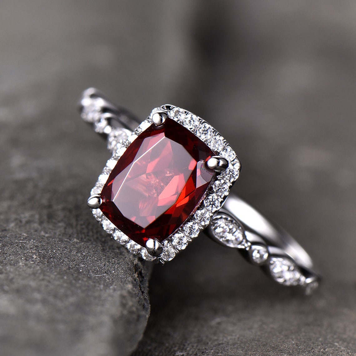 Red Garnet Ring Cushion Cut Ring Garnet Engagement Ring White - Etsy