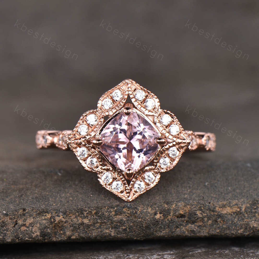 Antique Pink Morganite Engagement Ring Rose Gold Cushion Morganite Ring ...