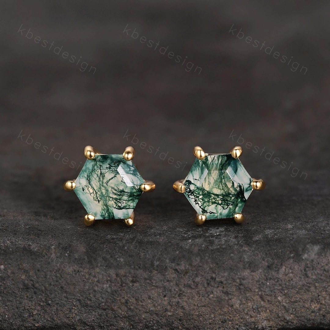 Natural Moss Agate Stud Earrings, Yellow Gold Studs, Hexagon Cut Moss ...