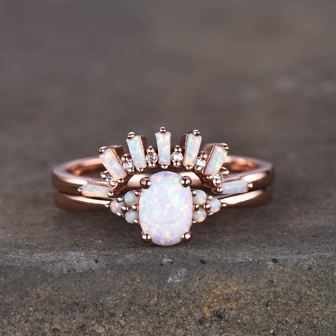 Opal Wedding Ring Set, Oval Opal Engagement Ring, Opal Stacking Ring ...