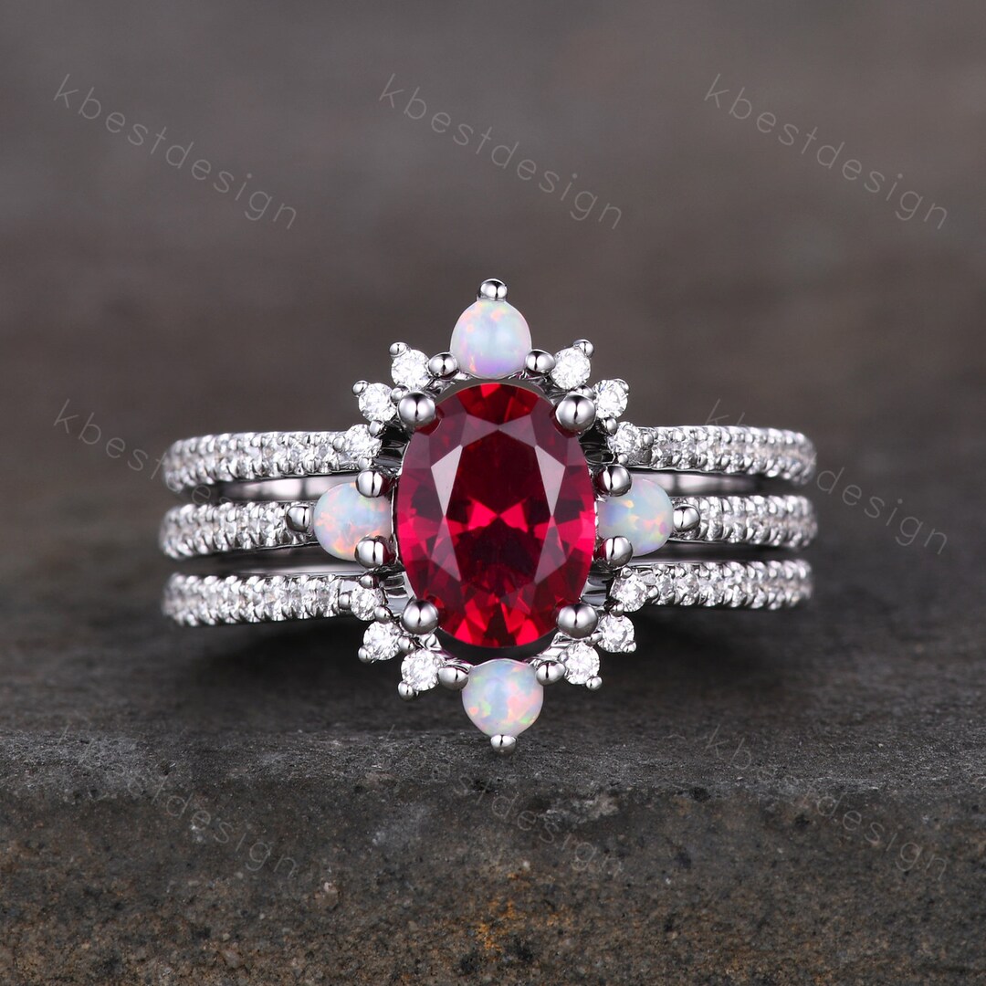Vintage 3PCS Ruby Bridal Set/ Oval Ruby Engagement Ring Set/ Curved ...