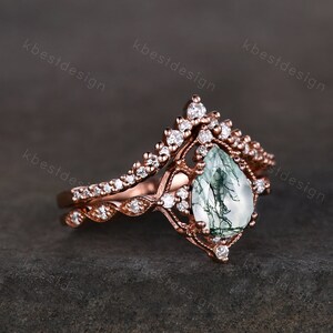 Vintage Moss Agate Engagement Ring Set Rose Gold Green Moss Agate Ring Unique Curved Moissanite ...