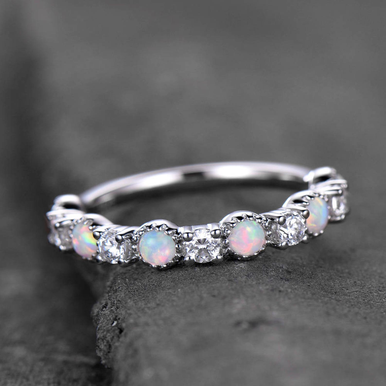 Opal Wedding Band Opal Ring White Gold Plated Sterling Silver - Etsy