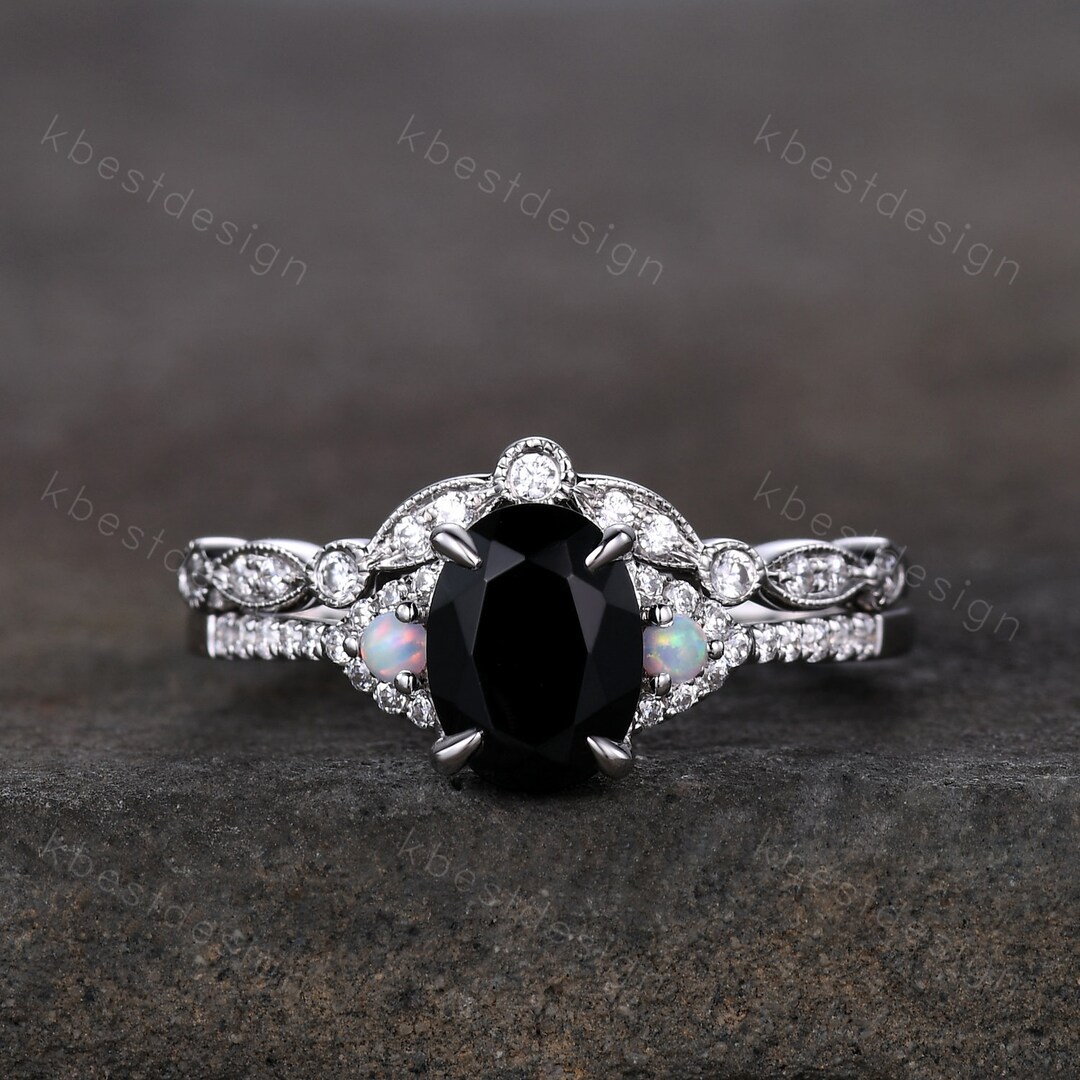 Oval Cut Black Spinel Engagement Ring Set White Gold Women Stacking ...