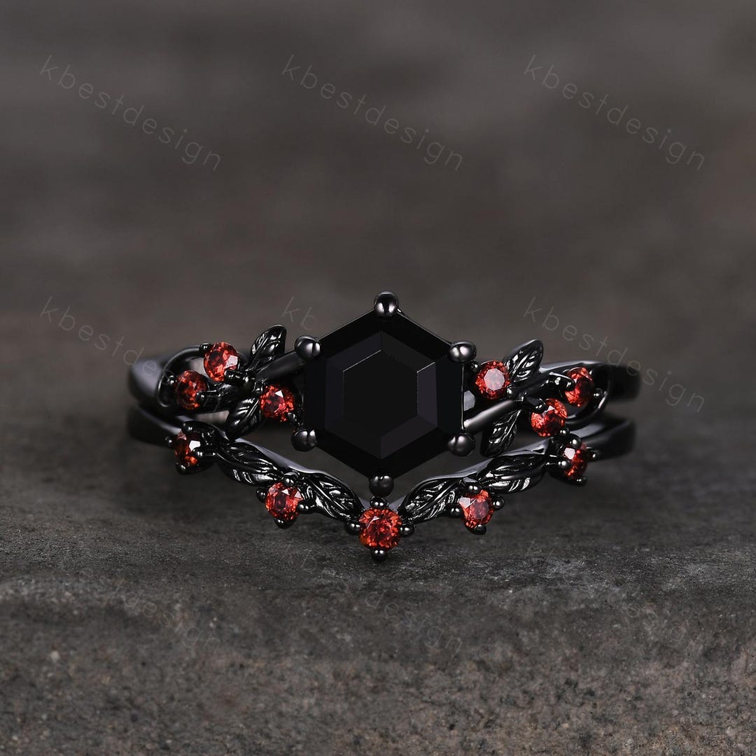 Gothic Hexagon Cut Black Onyx Engagement Ring Art Deco Branch Design ...