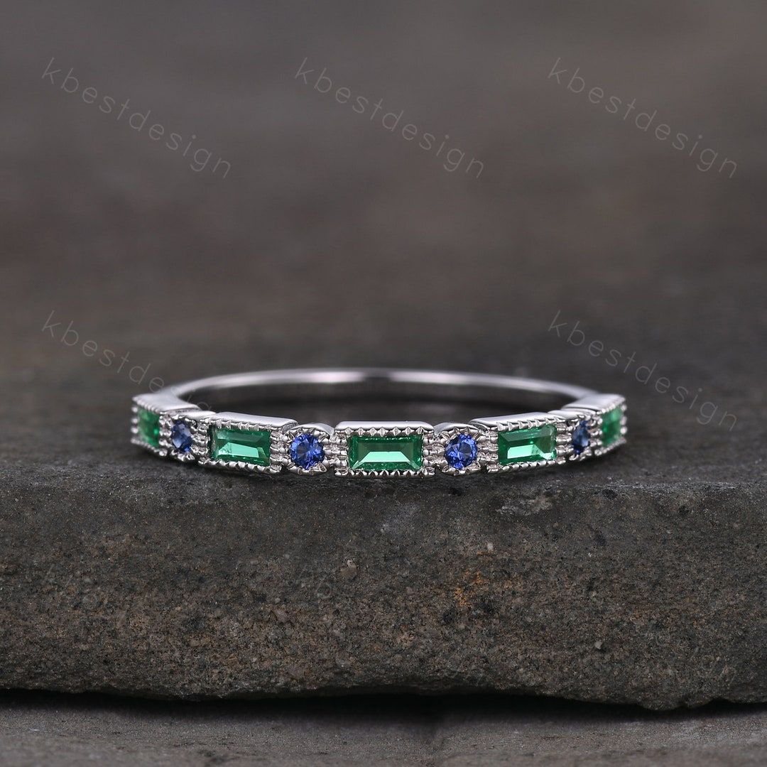 Art Deco Emerald Sapphire Wedding Band Silver Baguette Band Women ...