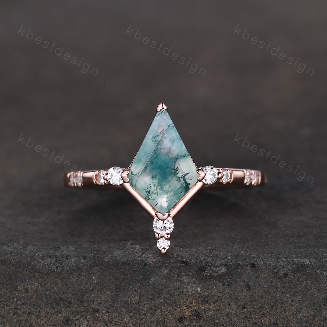 Kite Cut Moss Agate Engagement Ring, Promise Ring, Unique Green Agate Ring, Art Deco Moissanite ...