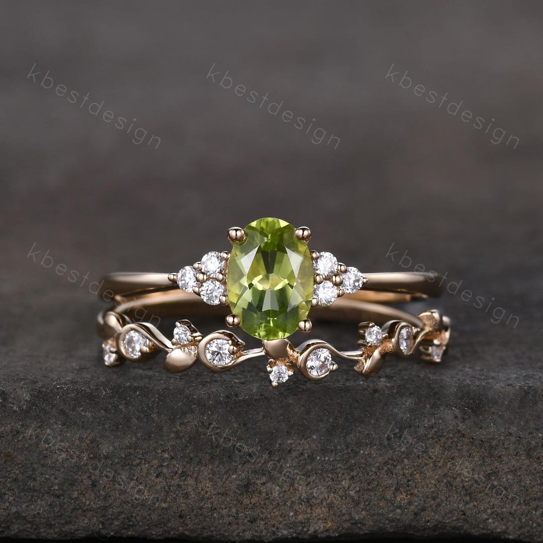 Vintage Peridot Engagement Ring Set Oval Green Peridot Ring 14K Gold ...