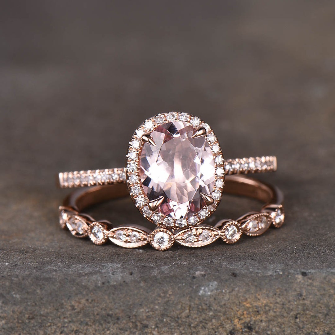 Rose Gold Morganite Bridal Set Oval Peach Morganite Engagement Ring Art ...