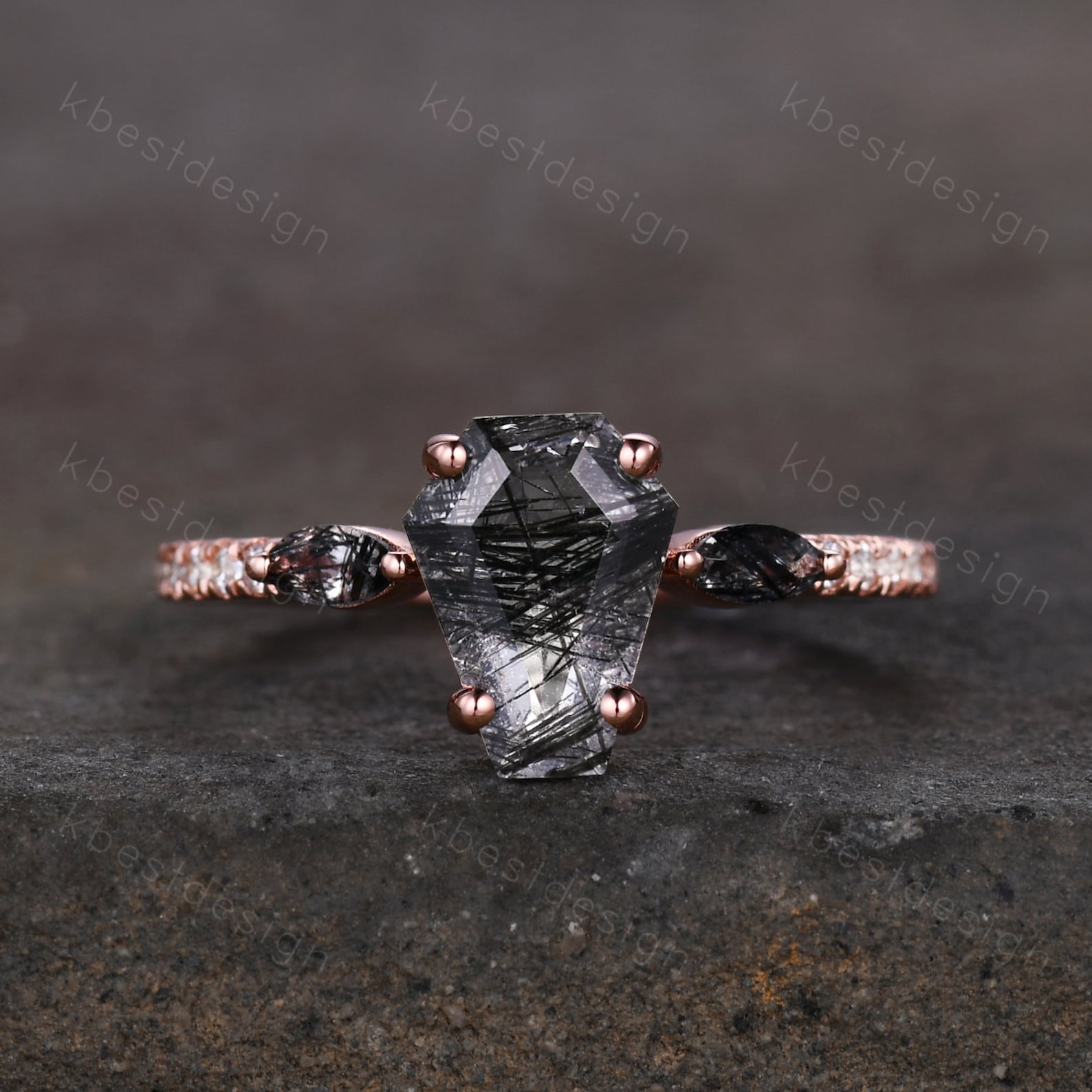 Vintage Coffin Cut Black Rutilated Quartz Engagement Ring 14K - Etsy