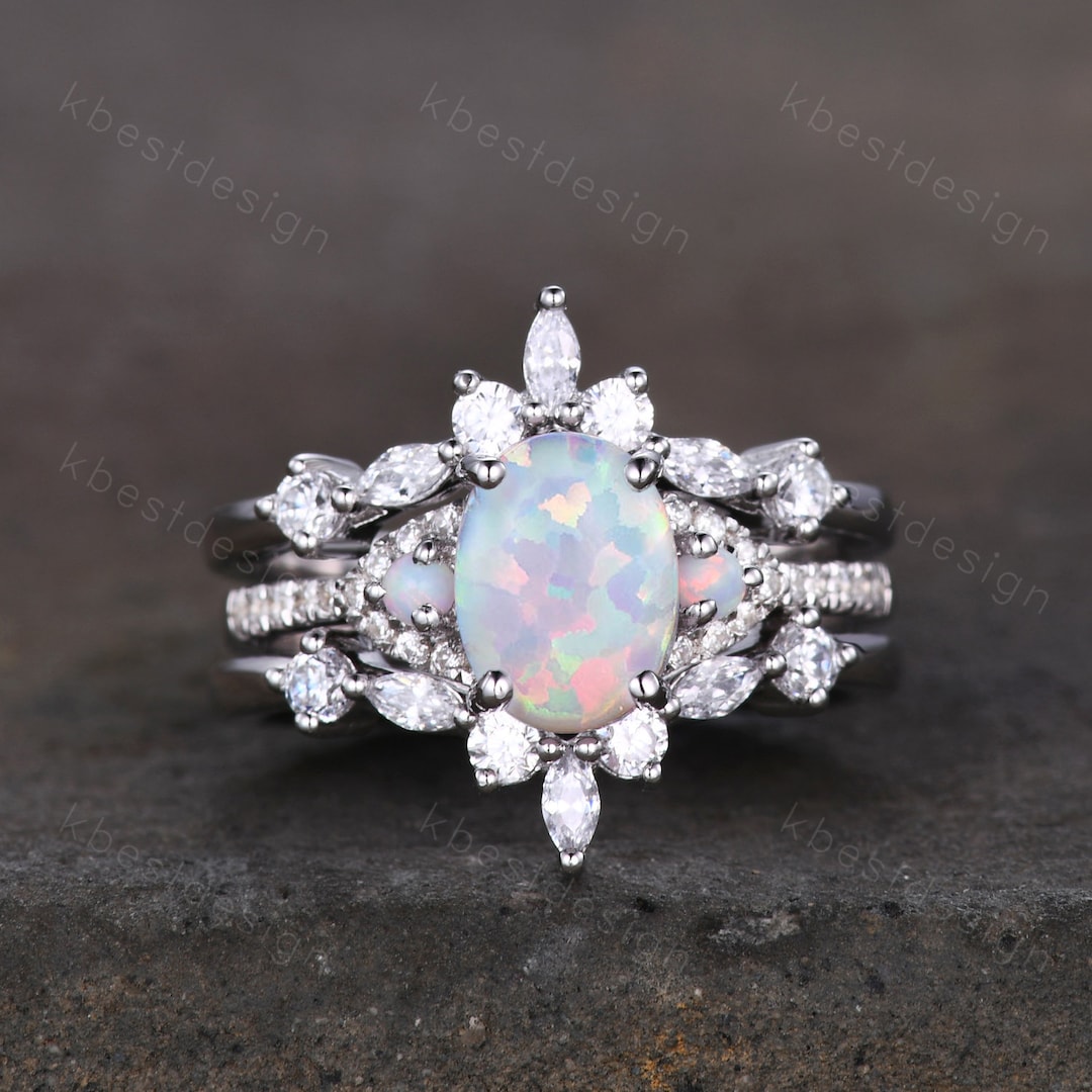 White Opal Engagement Ring Set, Sterling Silver Rings for Women, Art ...