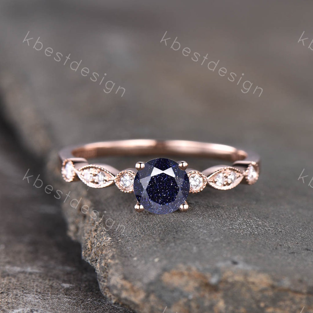 Blue Sandstone Engagement Ring Round Cut Ring Unique Dainty Wedding ...