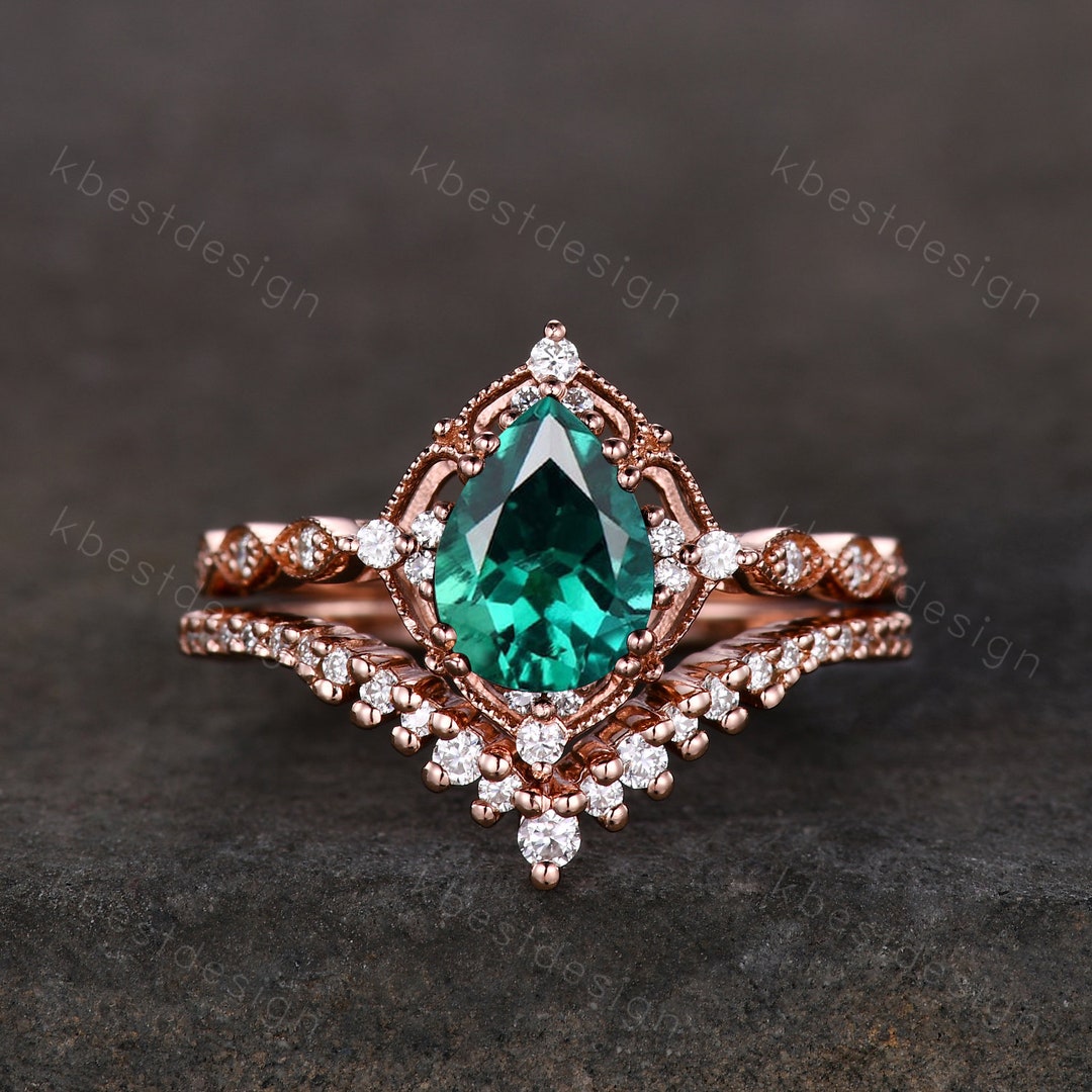 Vintage Emerald Engagement Ring Set Rose Gold Emerald Ring Unique ...