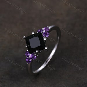 Vintage Princess Cut Black Onyx Engagement Ring Women Sterling Silver ...