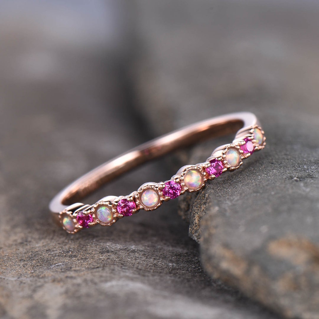Opal Ruby Wedding Ring Rose Gold Dainty Opal Ring July Birthstone Half ...