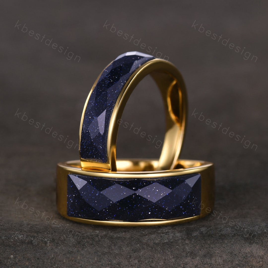 Orion Nebula Blue Sandstone Wedding Ring Set Yellow Gold Couples Ring ...