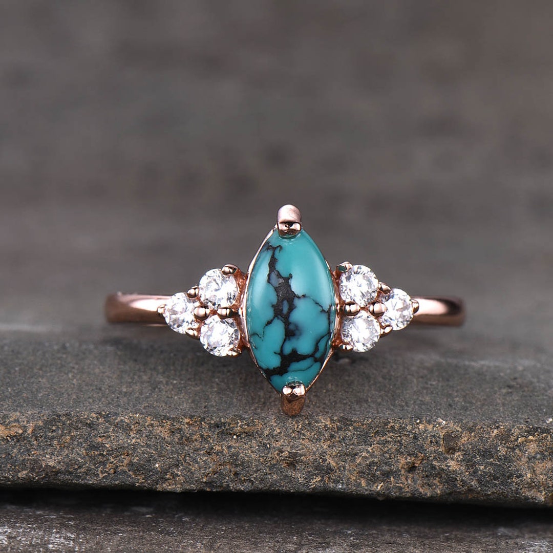 Turquoise Ring, Marquise Cut Turquoise Engagement Ring, Rose Gold ...