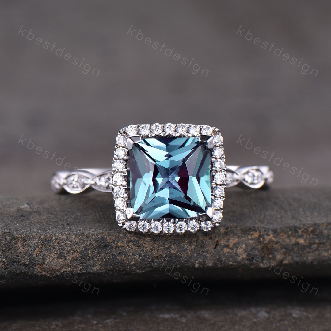 Princess Cut Alexandrite Engagement Ring White Gold Square Ring Unique ...