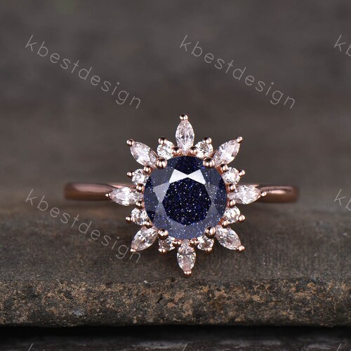 Vintage Blue Sandstone Engagement Ring Set Unique Rose Gold - Etsy