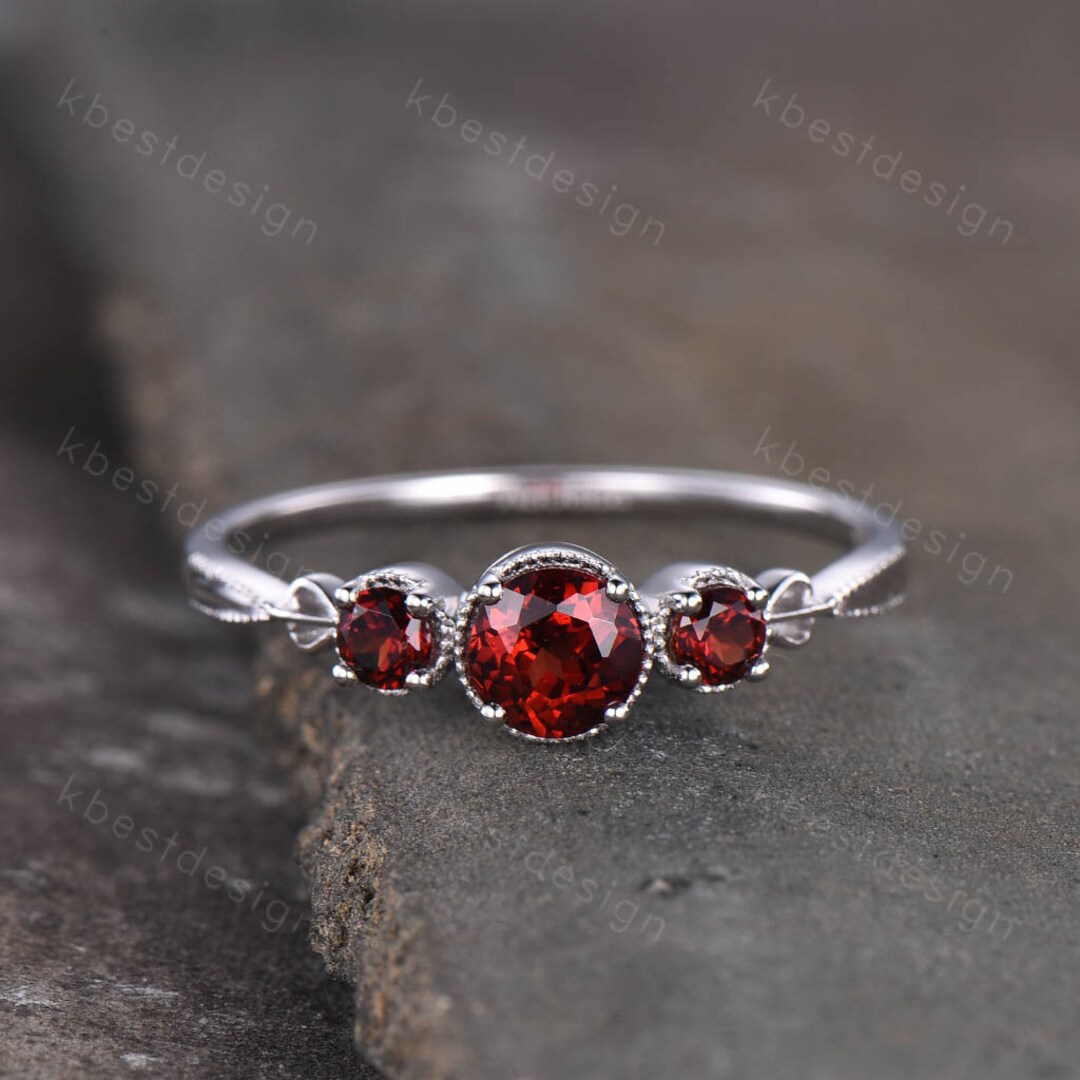 Garnet Ring Unique Round Cut Garnet Engagement Ring Three Stone Ring ...