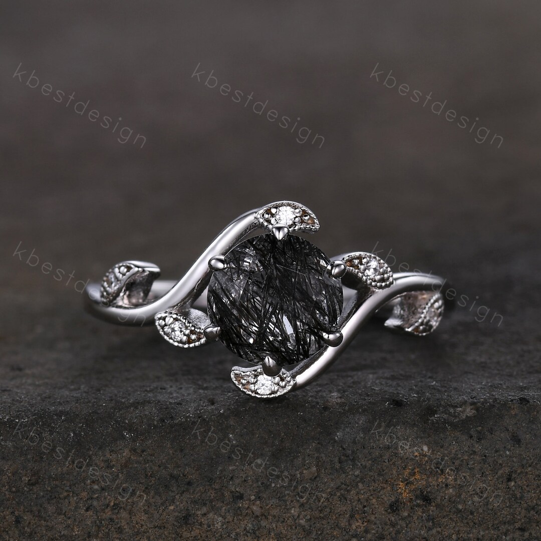 Round Cut Black Rutilated Quartz Engagement Ring Vintage Unique Black ...