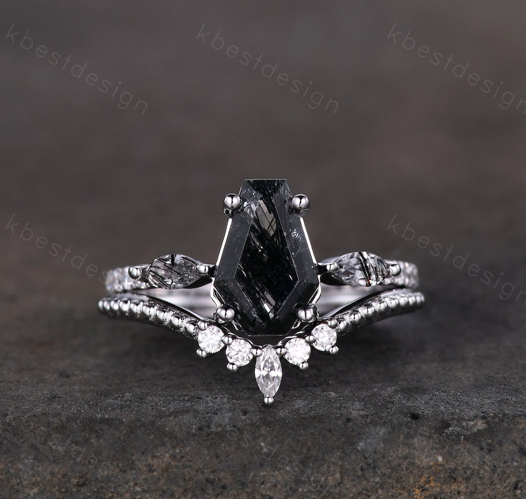 Coffin Shaped Black Rutilated Quartz Engagement Ring Set Unique Art ...
