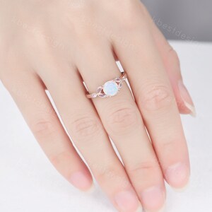 Opal Engagement Ring White Opal and Moonstone Ring Rose Gold Ring for Women Round Opal Bridal ...