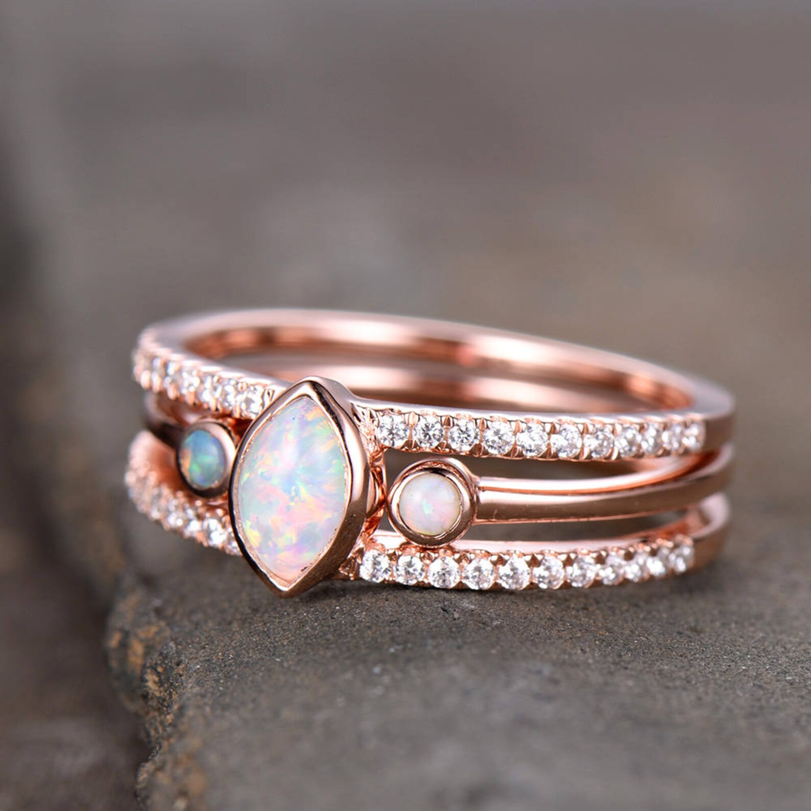 Opal Wedding Ring Set Opal Ring Split Shank Engagment Ring Etsy