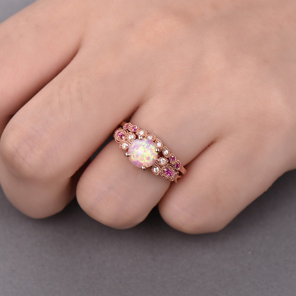 Vintage Ring Set Pink Fire Opal Engagement Ring Natural Ruby - Etsy