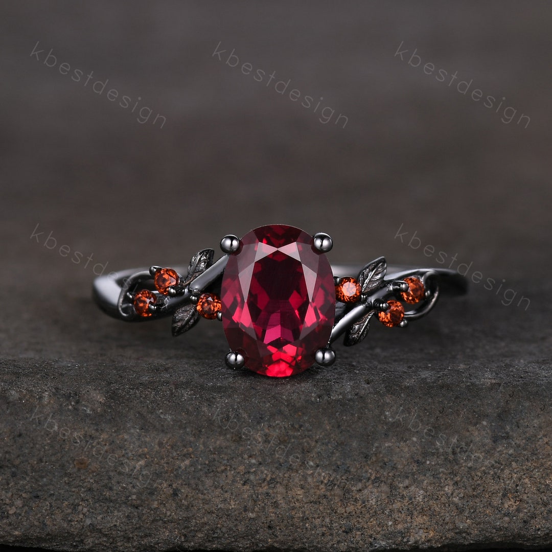 Vintage Oval Ruby Engagement Ring Black Gold Ring Art Deco Leaf Design ...