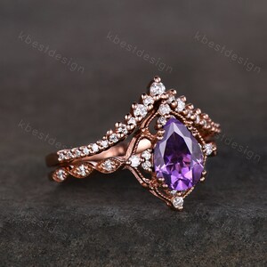 14K Rose Gold Amethyst Engagement Ring Set Vintage Pear Amethyst Bridal ...