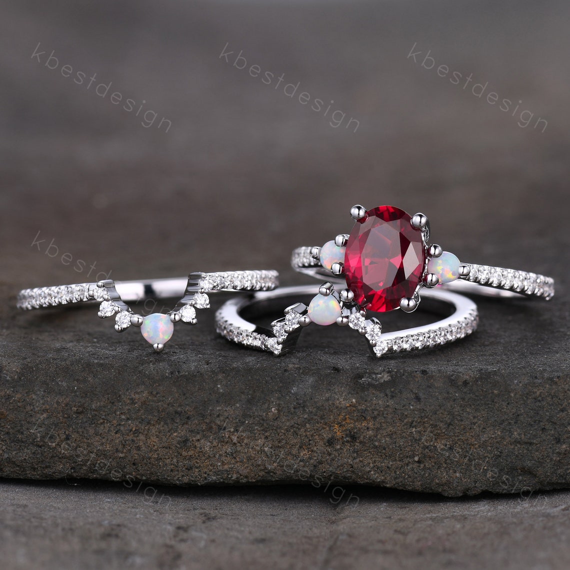 Vintage 3PCS Ruby Bridal Set/ Oval Ruby Engagement Ring Set/ - Etsy