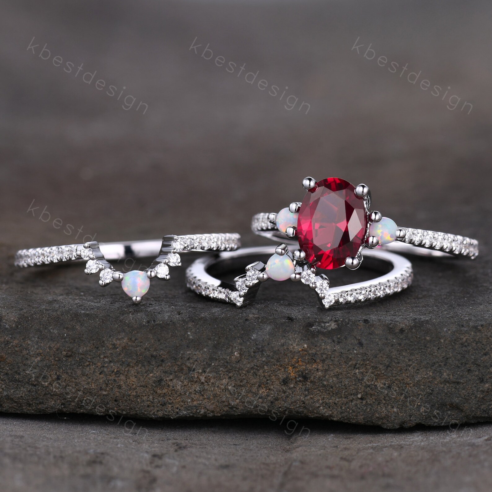 Vintage 3PCS Ruby Bridal Set/ Oval Ruby Engagement Ring Set/ - Etsy